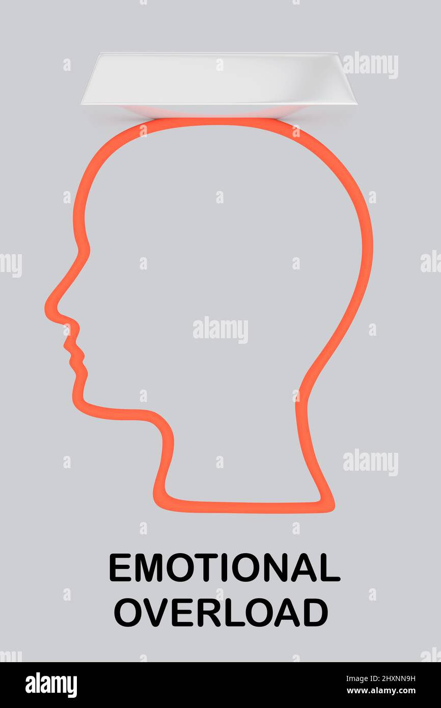3D illustration of EMOTIONAL OVERLOAD script below a head silhouette ...