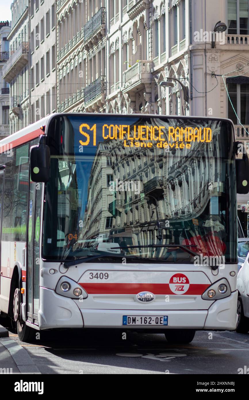 lyon- france. 18-02-2022. A public bus travels in the old city of Lyon ...
