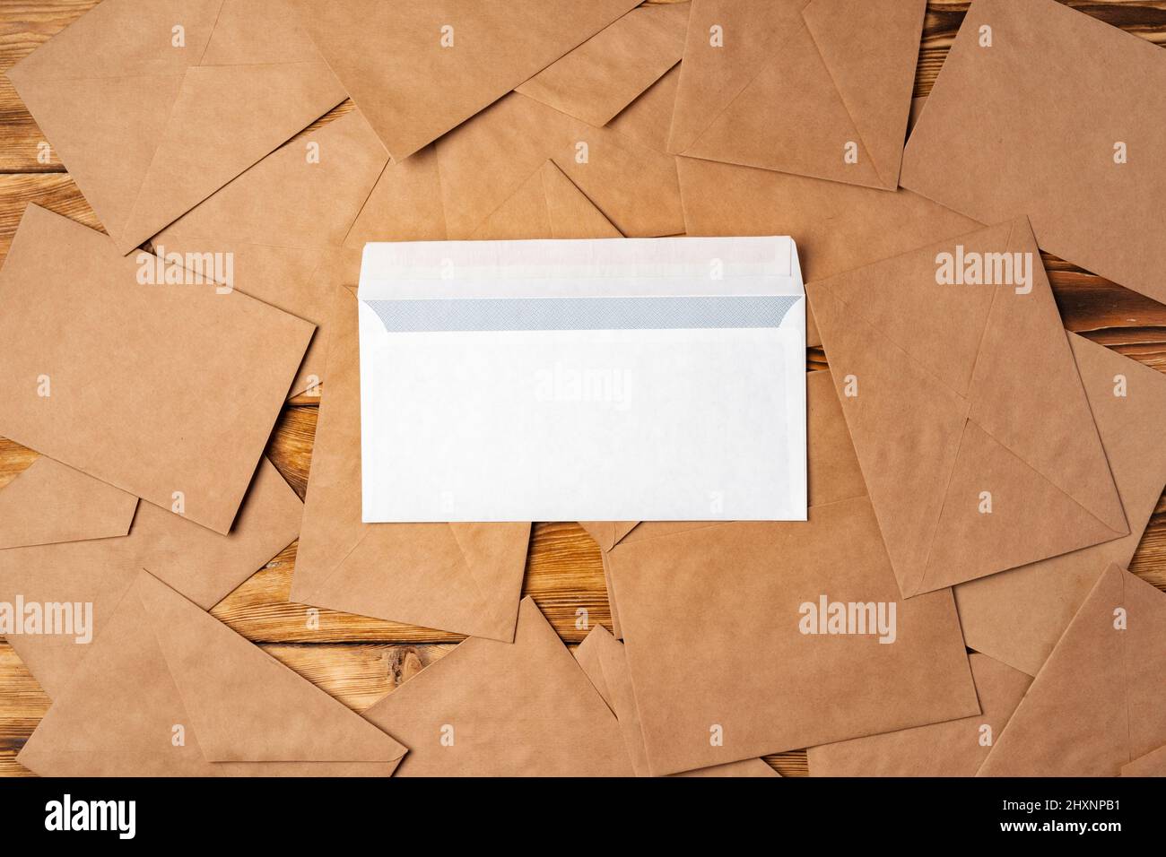 Stack of envelopes on working desk top view. Business mail Stock Photo ...