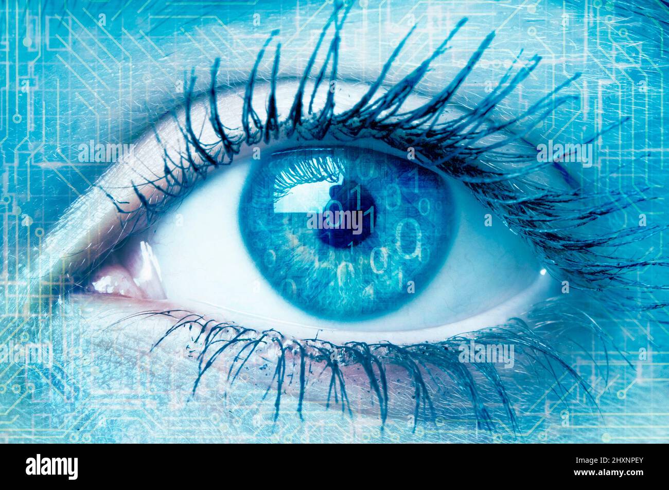 woman eye with binary digits and computer board superimposed Stock ...