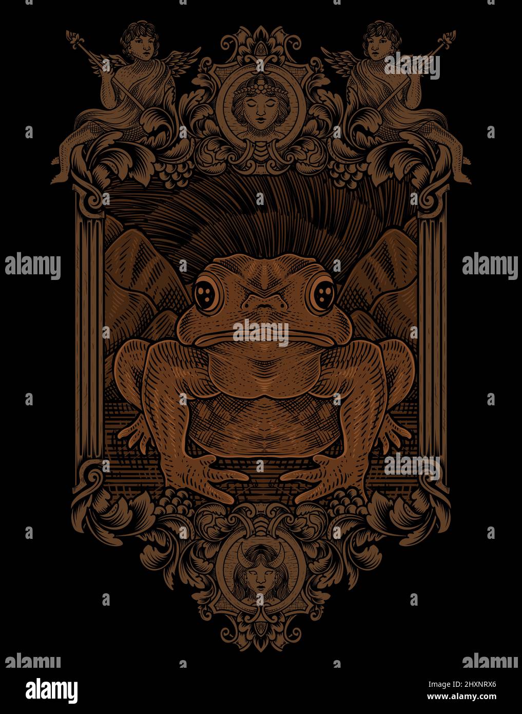 illustration vintage frog with engraving style Stock Vector Image & Art ...