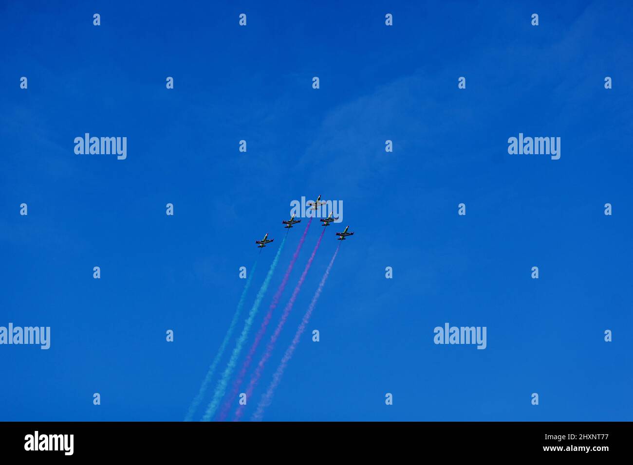 Five airplanes show over blue sky background. military parade Stock ...