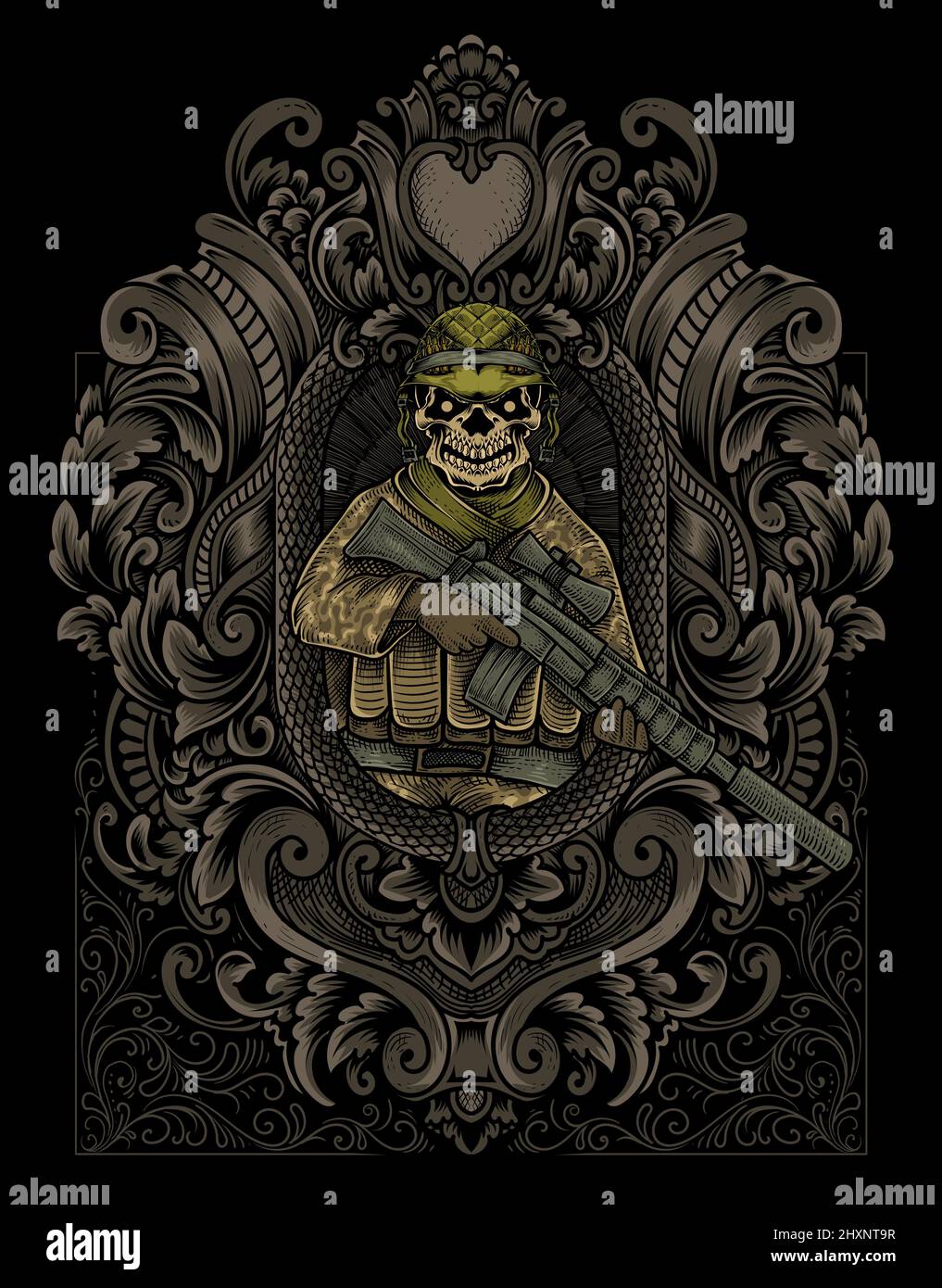 illustration vintage skull army with engraving style Stock Vector Image ...