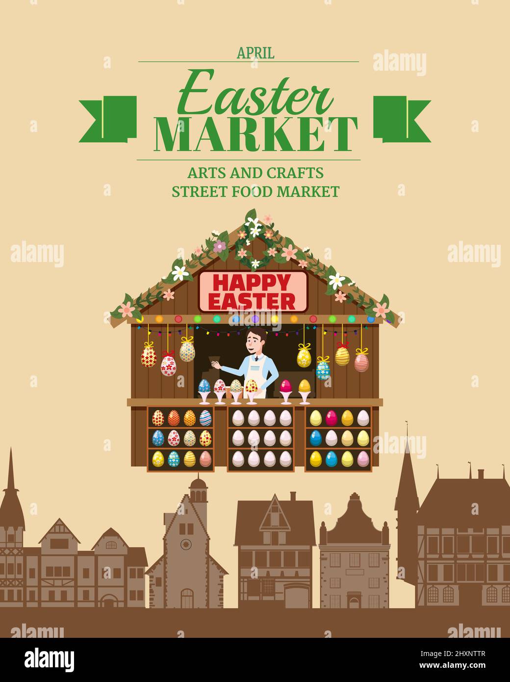 Easter Market poster, wooden stall decorated flowers, colored Easter ...