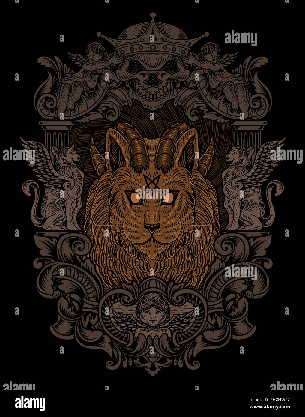 illustration vintage demon cat with engraving style Stock Vector Image ...