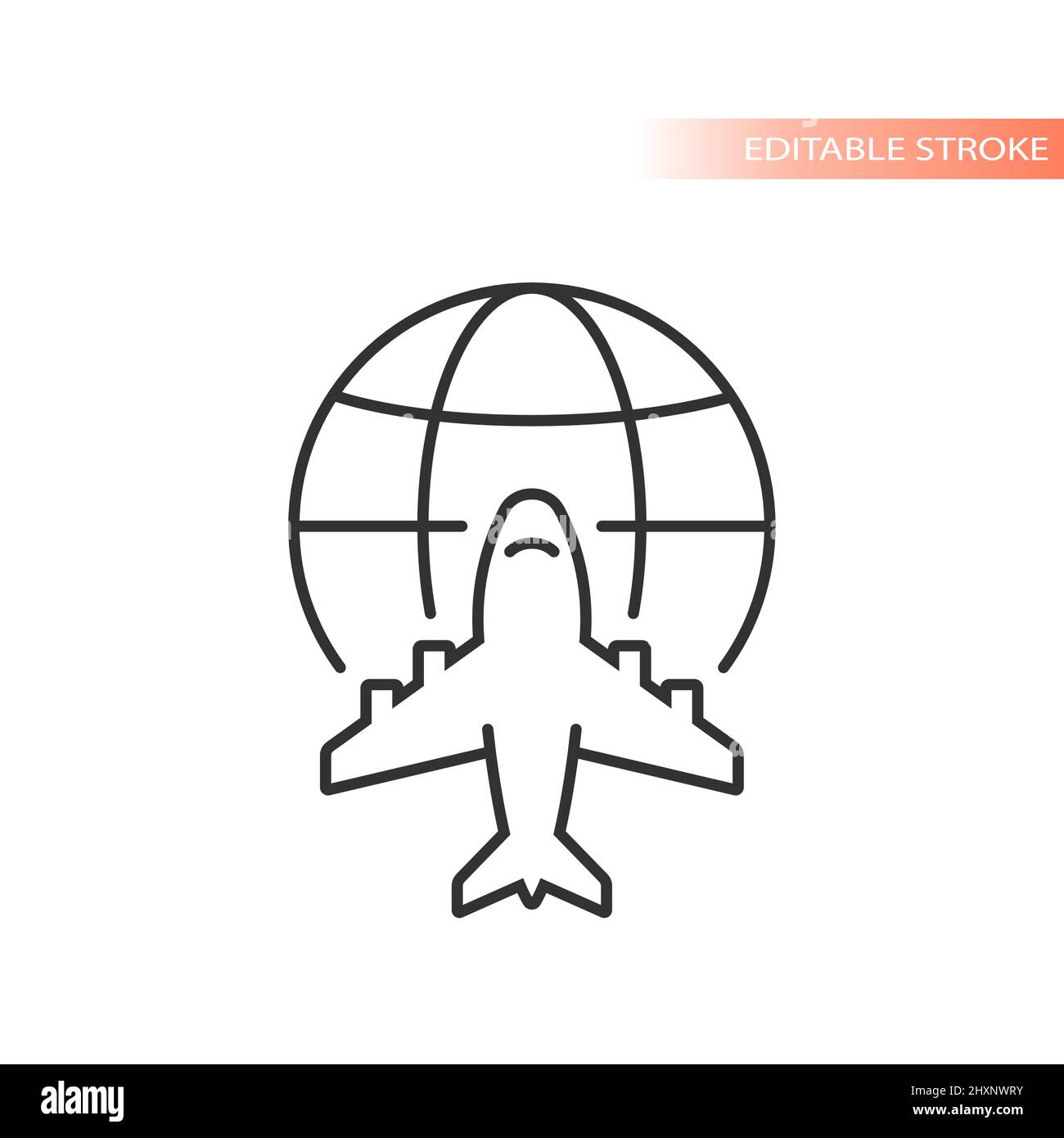 Globe, planet and airplane line vector icon. Global, international ...