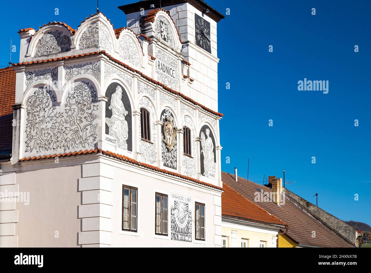Town hall on square in Volyne, Southern Bohemia, Czech Republic Stock ...