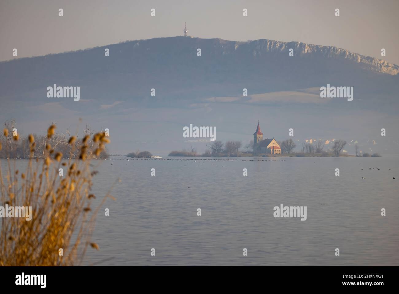 Lake Musov with Church of St. Linhart in Musov, Southern Bohemia, Czech ...