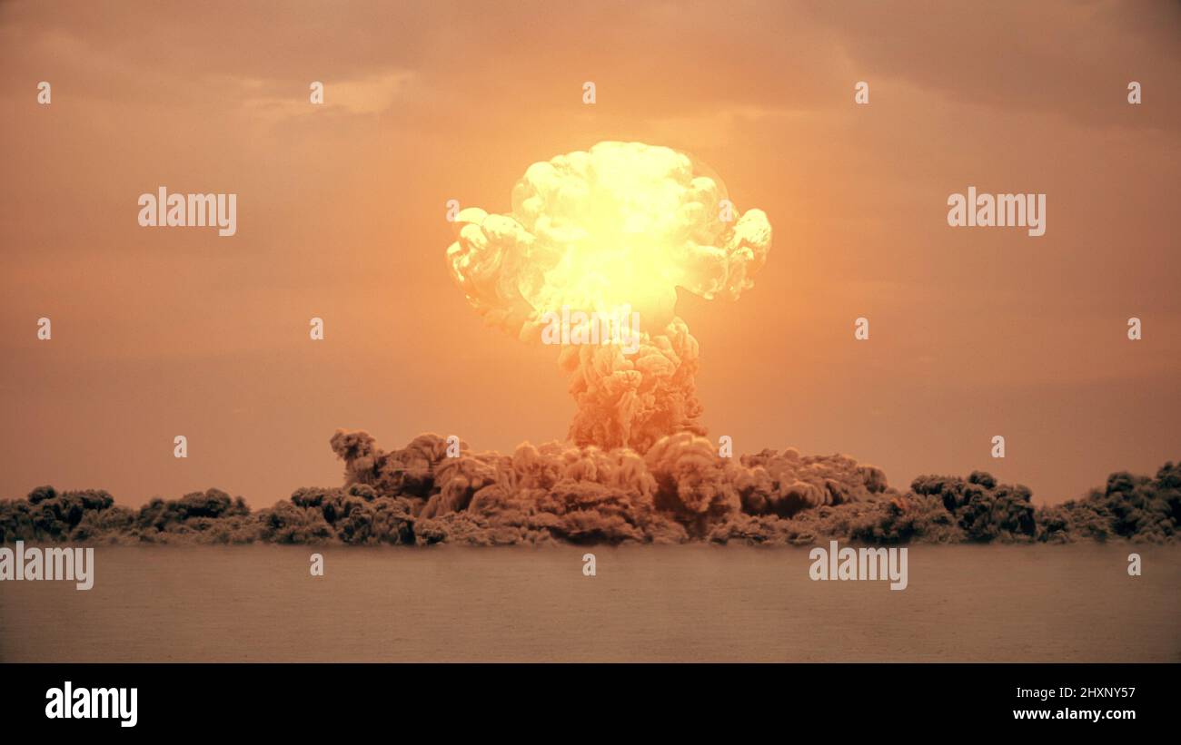 3d rendering of massive nuke bomb test explosion with film look Stock ...