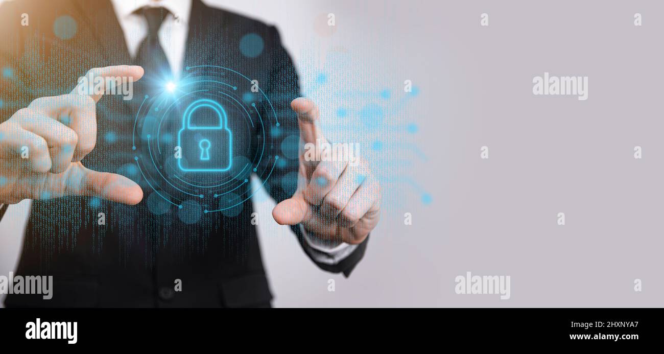 Cyber security network. Padlock icon and internet technology networking. Businessman protecting ...
