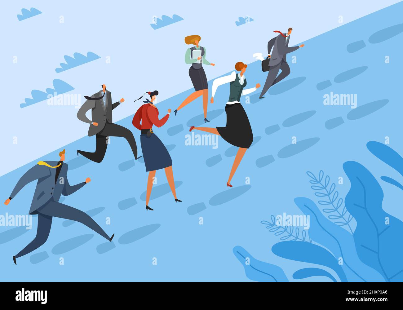 Completed business model. Along way, business team climbing uphill ...