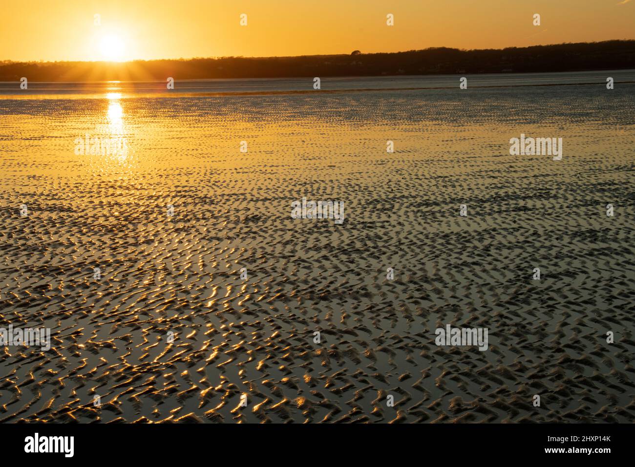 A golden sunset over Red Wharf Bay on the isle of Anglesey at low tide ...