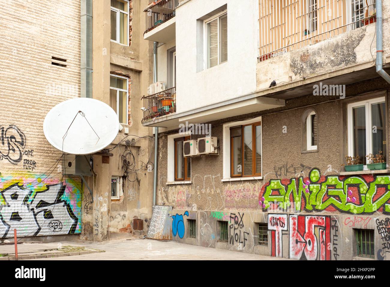 Large satellite dish at a block of flats backyard in Sofia, Bulgaria ...