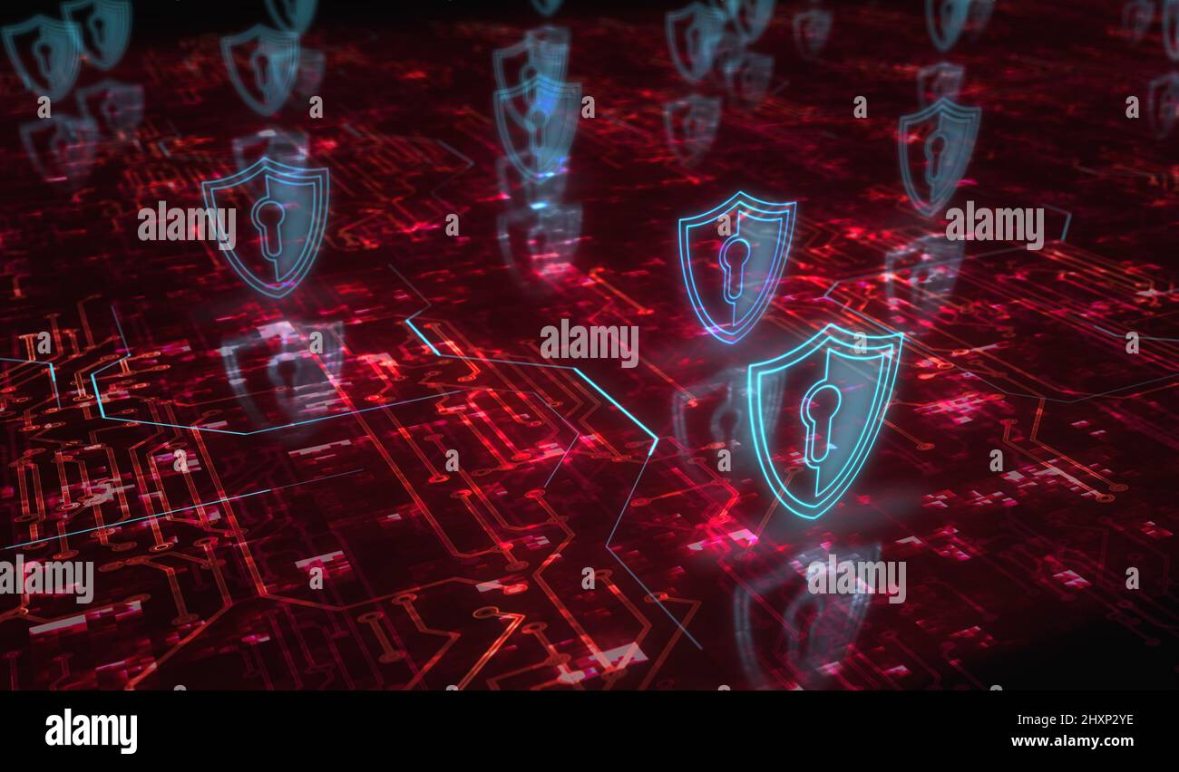 Cyber security, network protection and digital data with shield symbol ...