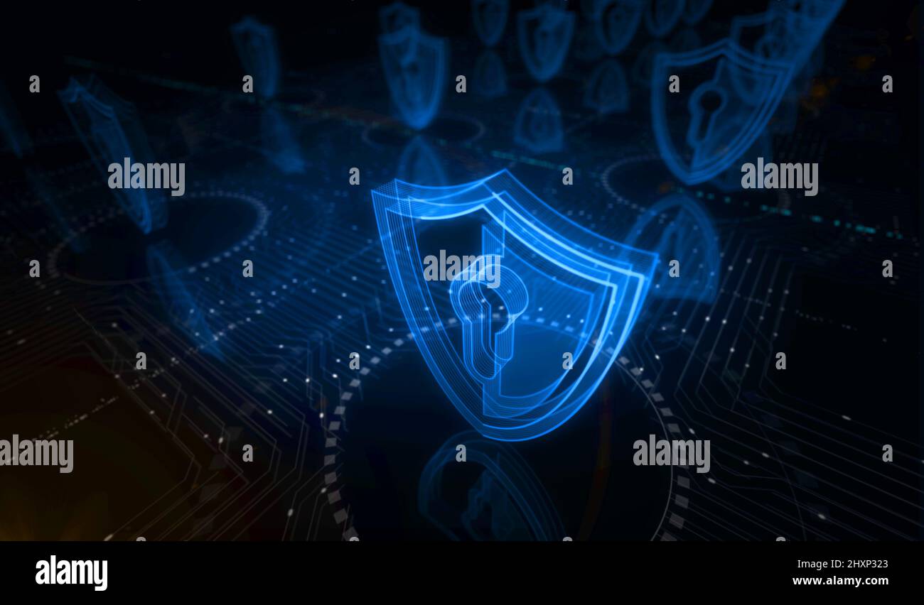 Cyber security, network protection and digital data with shield symbol ...