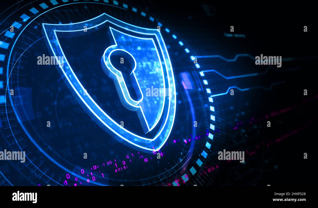 Cyber security, network protection and digital data with shield symbol ...