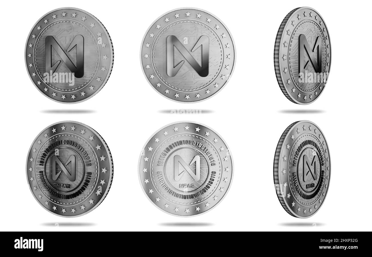 Near cryptocurrency symbol isolated gold coin on green screen ...