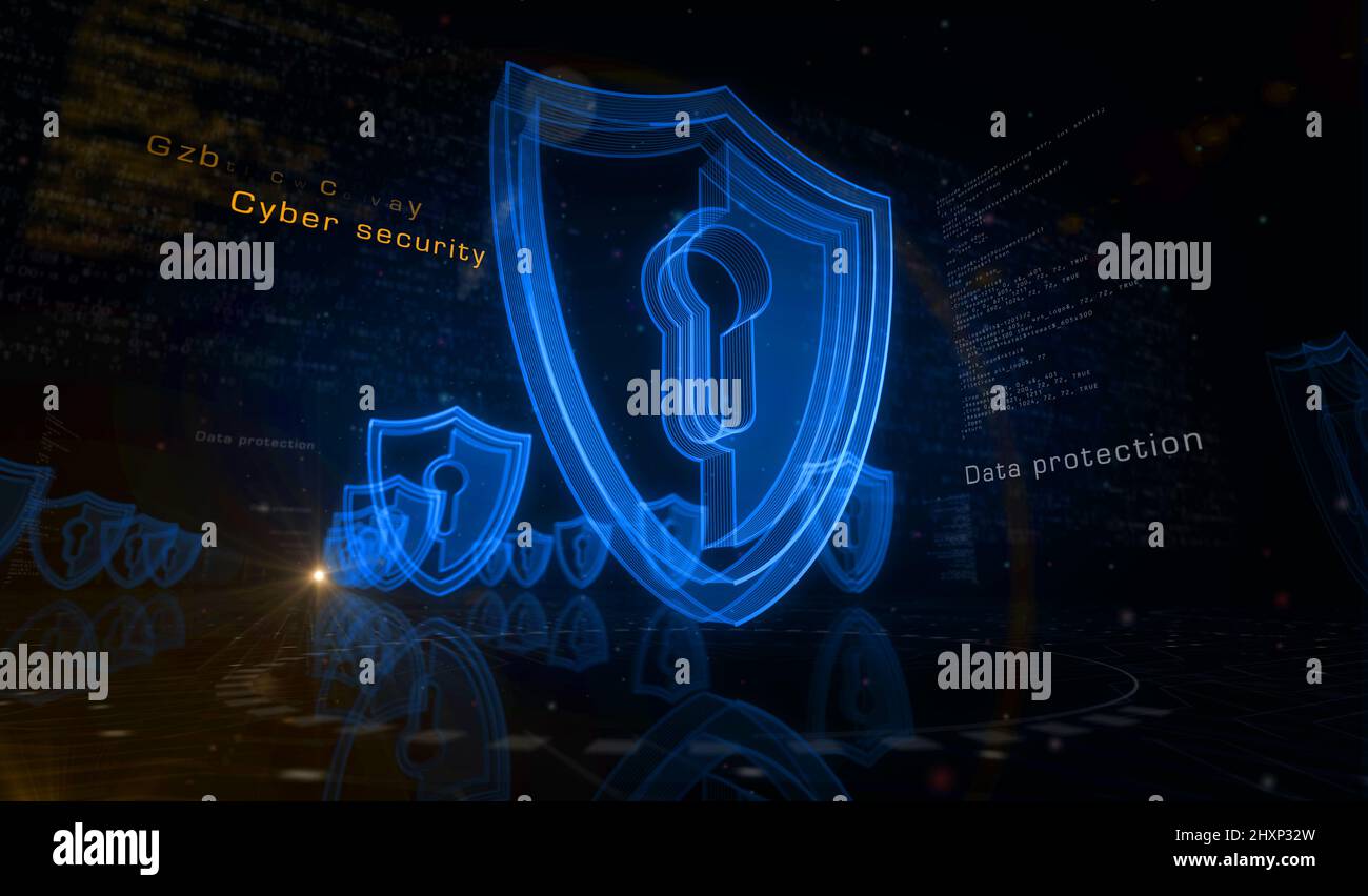Cyber security, network protection and digital data with shield symbol ...