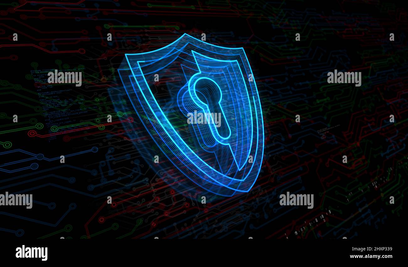Cyber security, network protection and digital data with shield symbol ...
