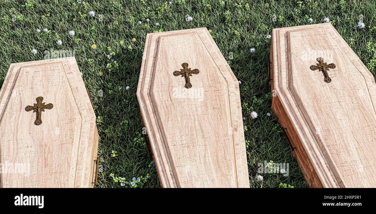 wooden brown coffin on grass 3d illustration Stock Photo - Alamy