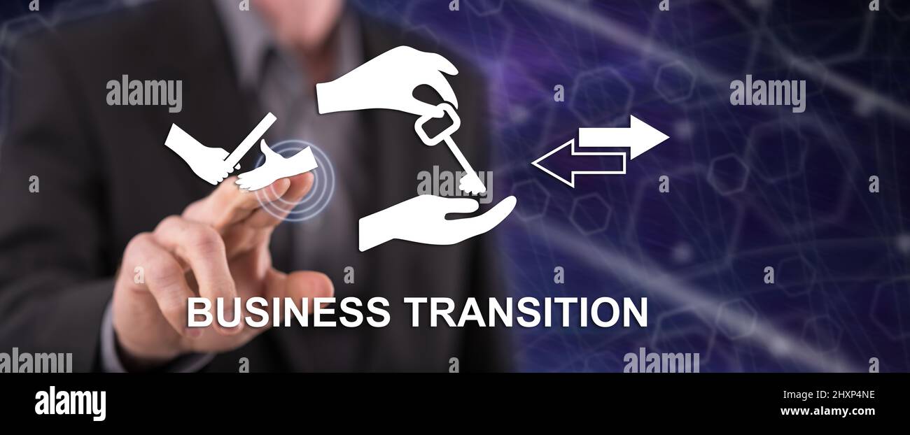 Man touching a business transition concept on a touch screen with his ...
