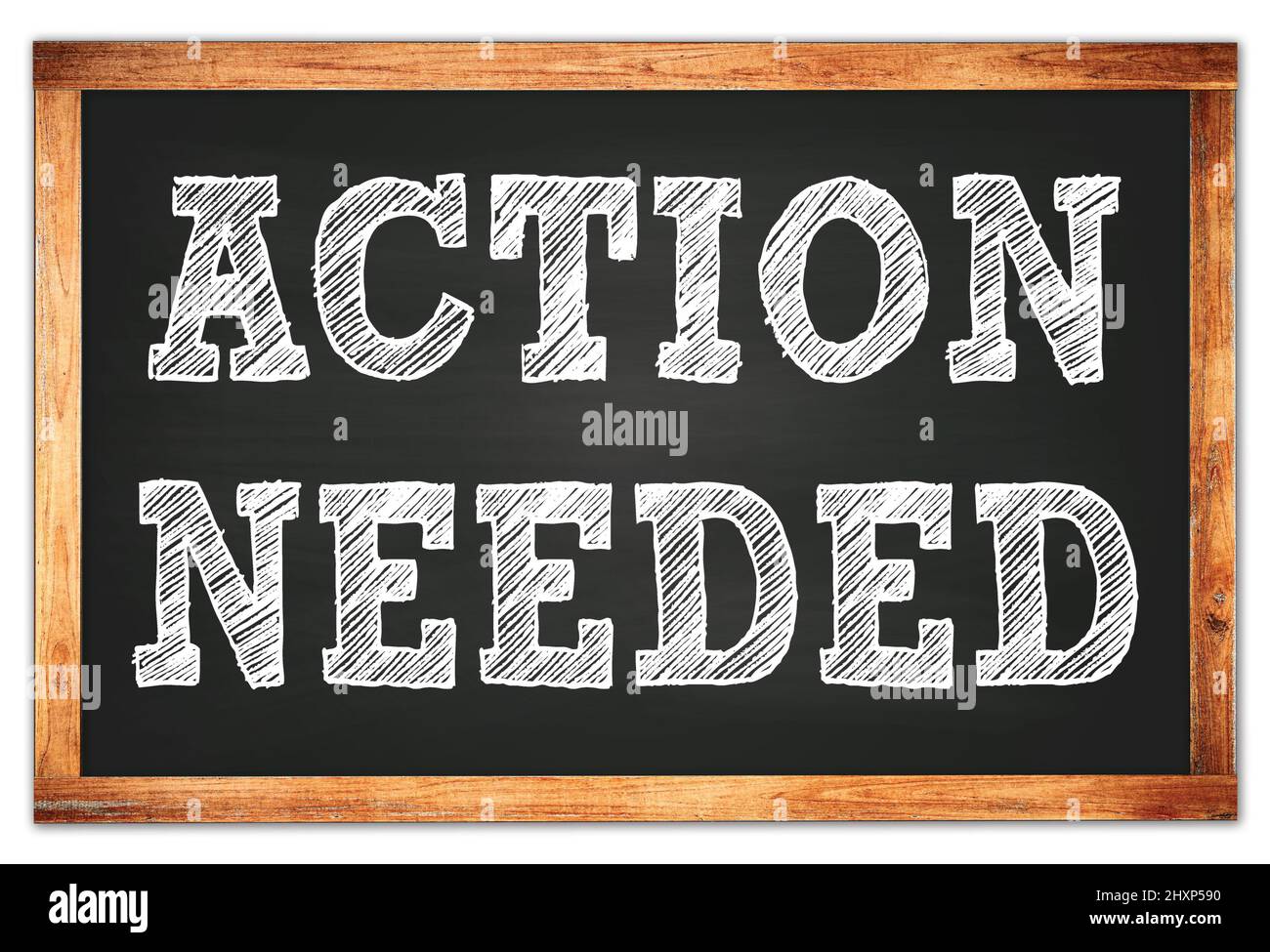 ACTION NEEDED written on black wooden frame school blackboard Stock ...