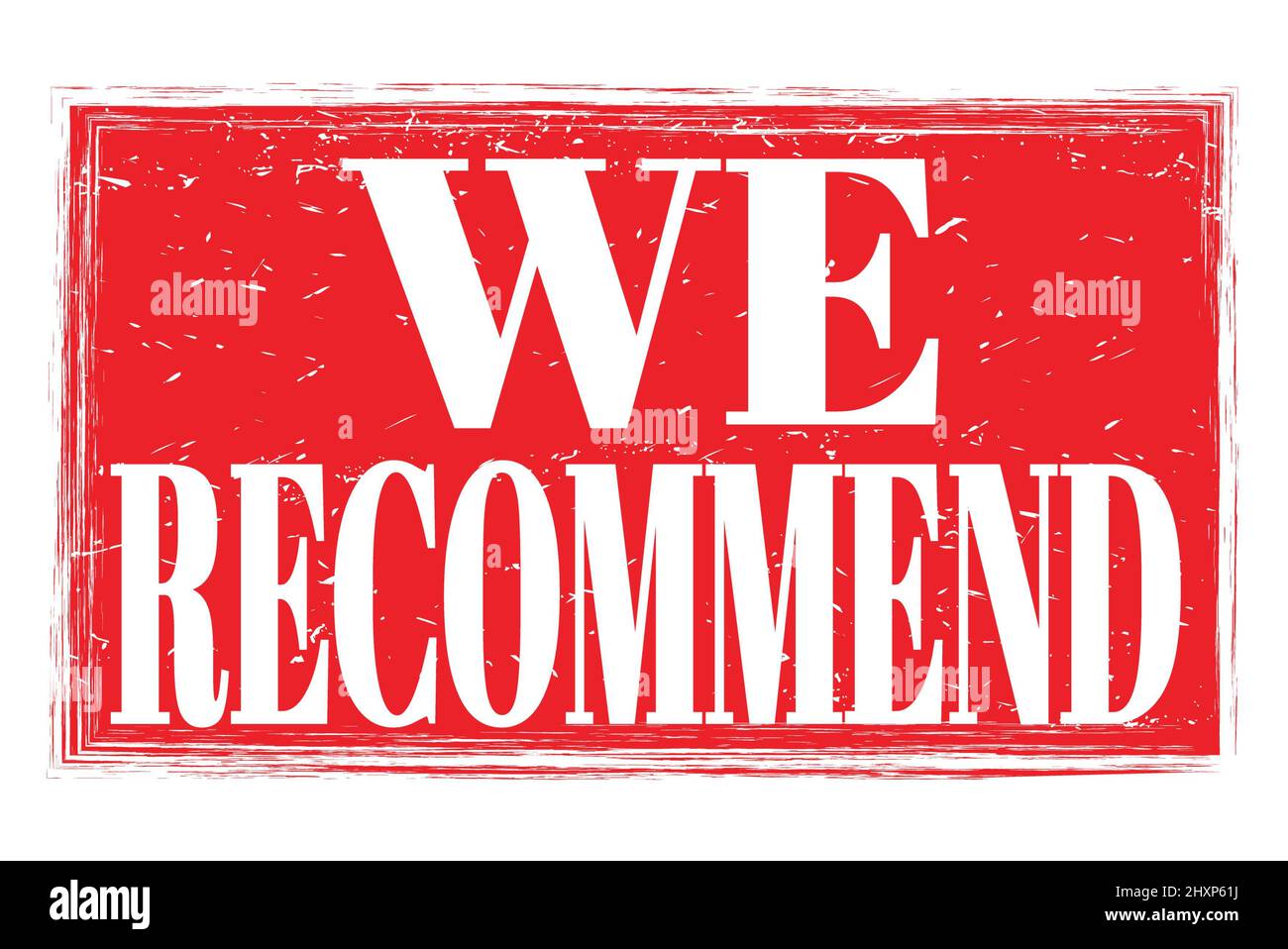 WE RECOMMEND, words written on red grungy stamp sign Stock Photo - Alamy
