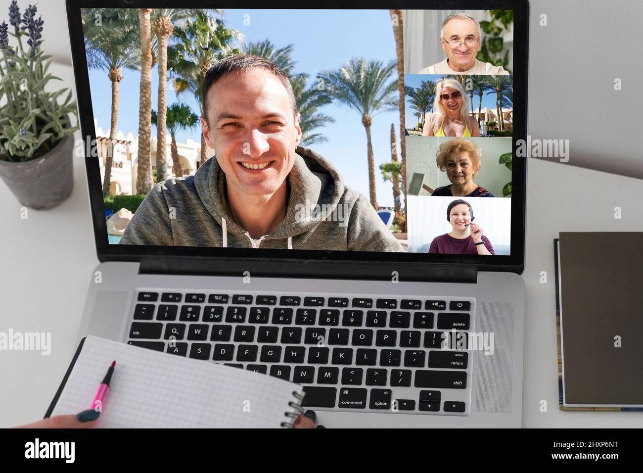 online conversation on laptop and virtual video conference meeting ...