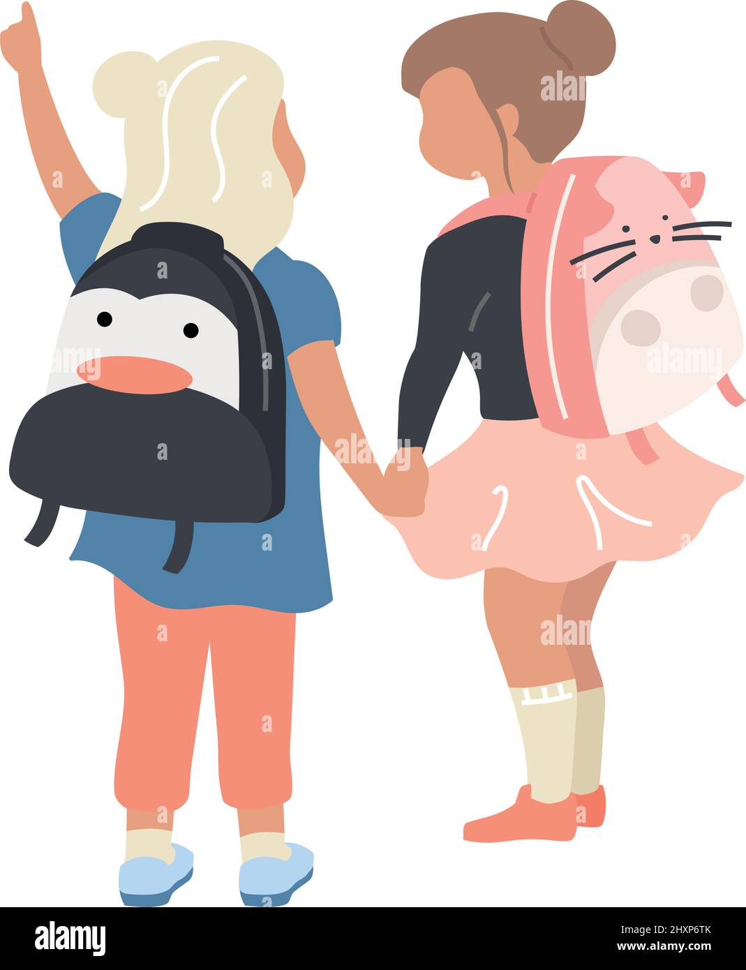 Female preschoolers holding hands semi flat color vector characters ...