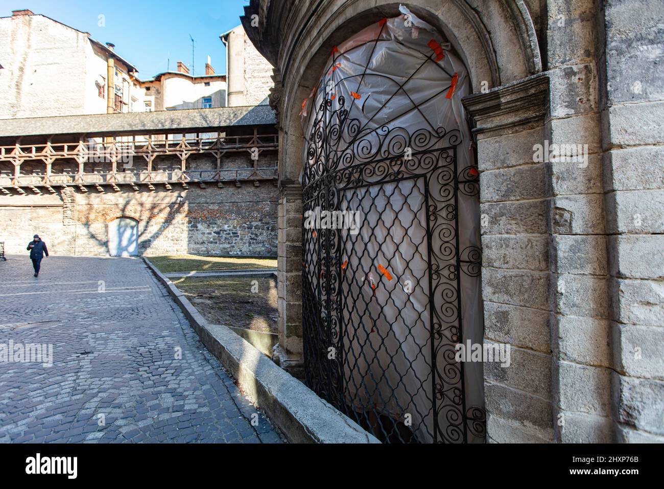 Lviv, Ukraine - March 13, 2022: Protection of architectural monuments ...