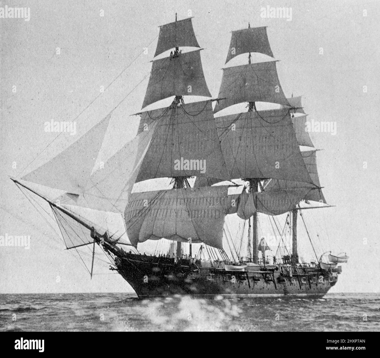 USS Constellation sloop-o-war; Black and white photograph taken circa ...