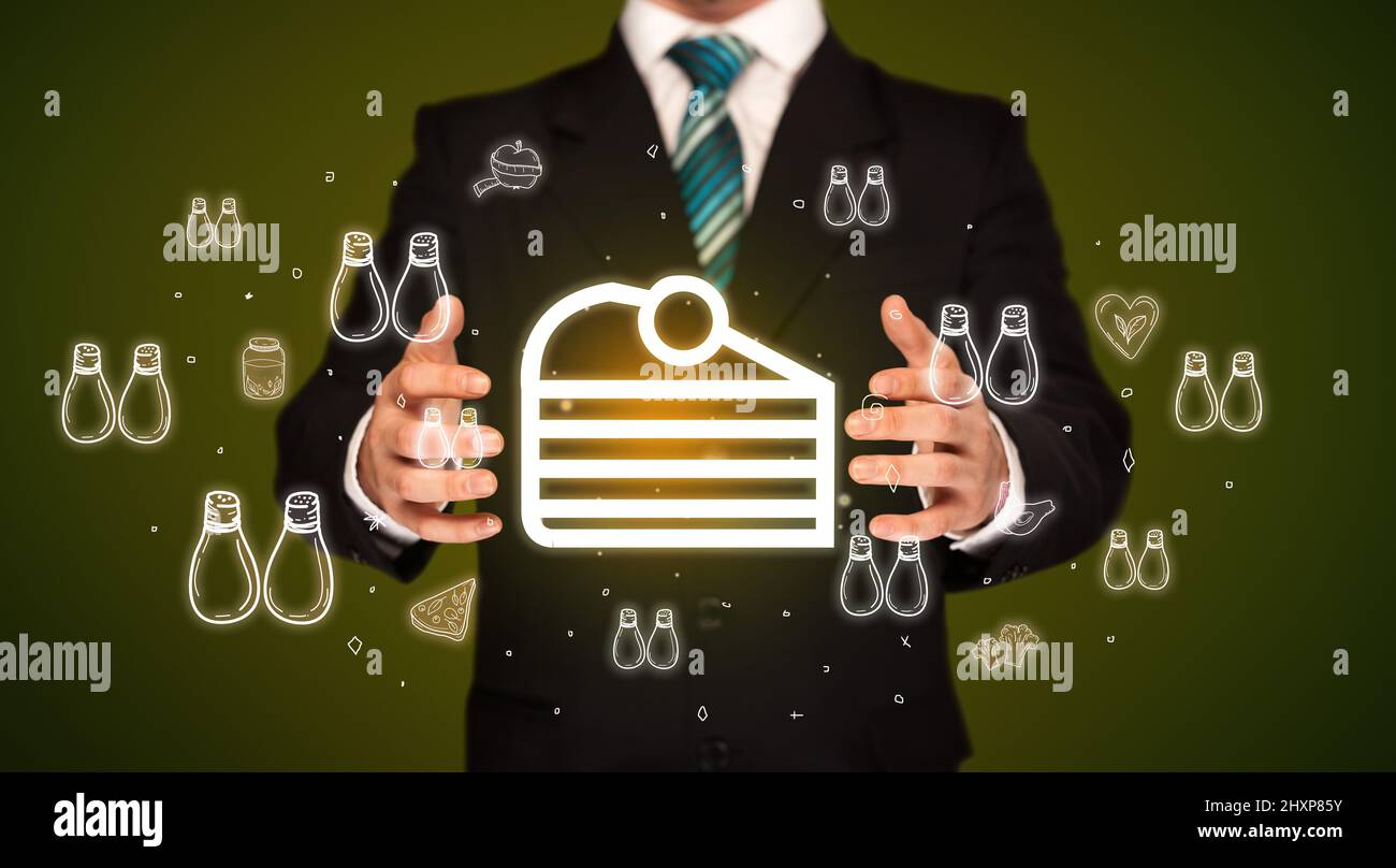Hand holding food related icons Stock Photo - Alamy
