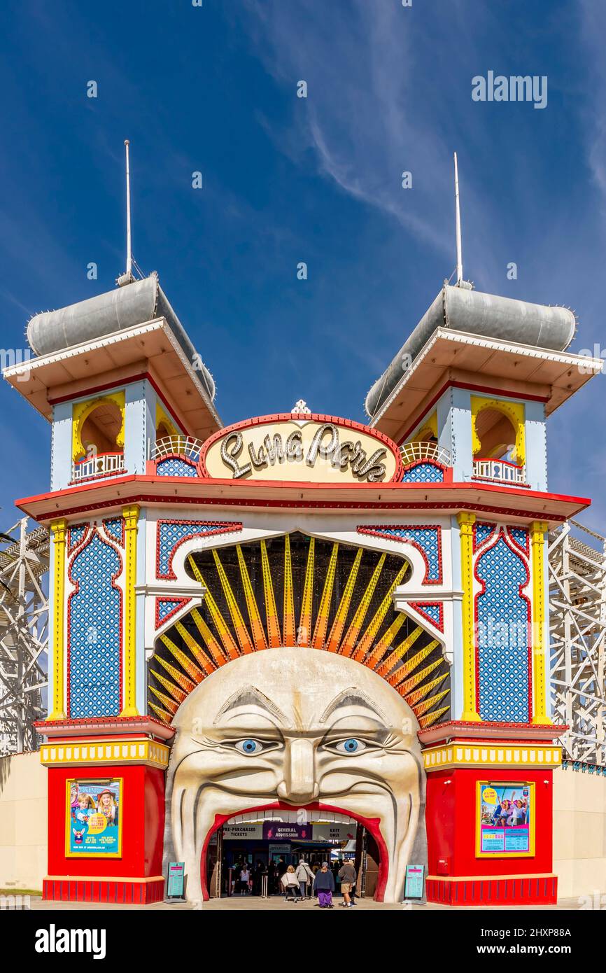 Entrance of Luna Park Melbourne, a historic amusement park located on ...