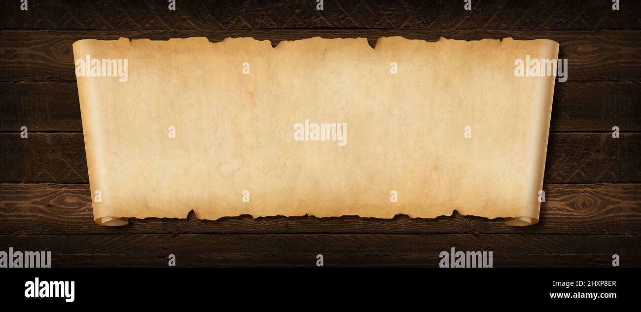 Old paper horizontal banner. Parchment scroll on a wood board ...