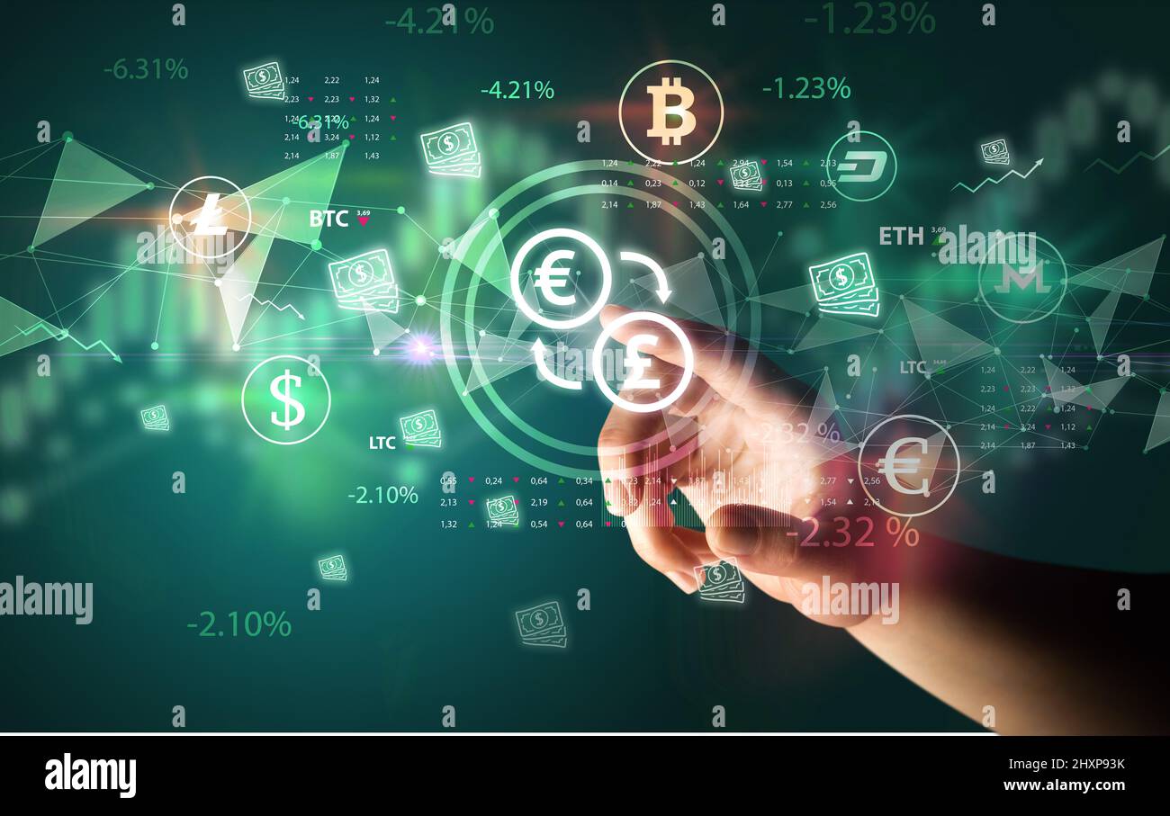 Business person hand pushing currency symbol on multimedia touch screen ...