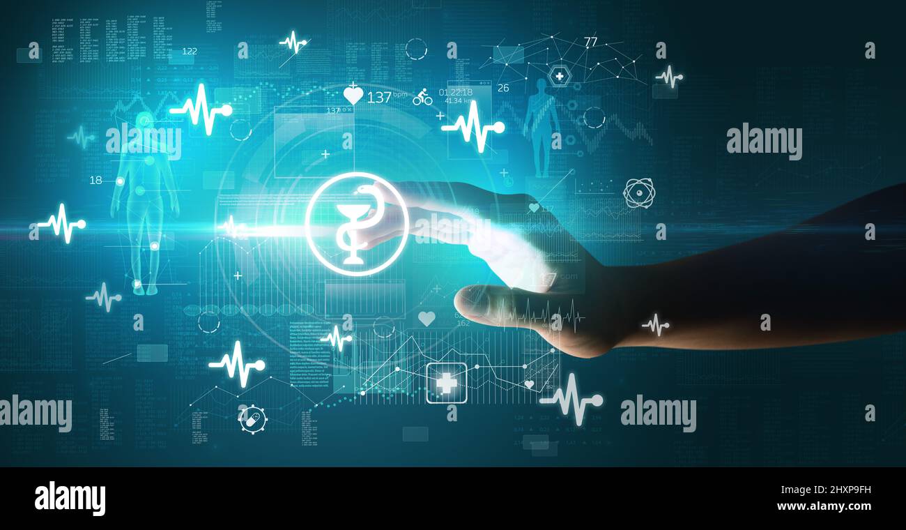 Doctor hand pressing futuristic health device with medical symbol on ...