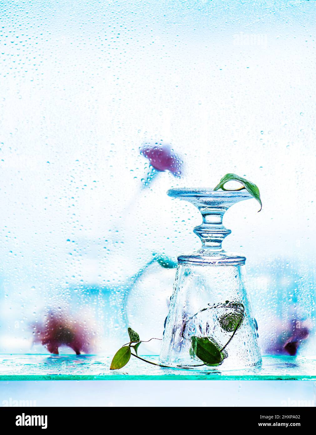 Pink flowers with a glass, watercolor effect, cold palette, fresh ...