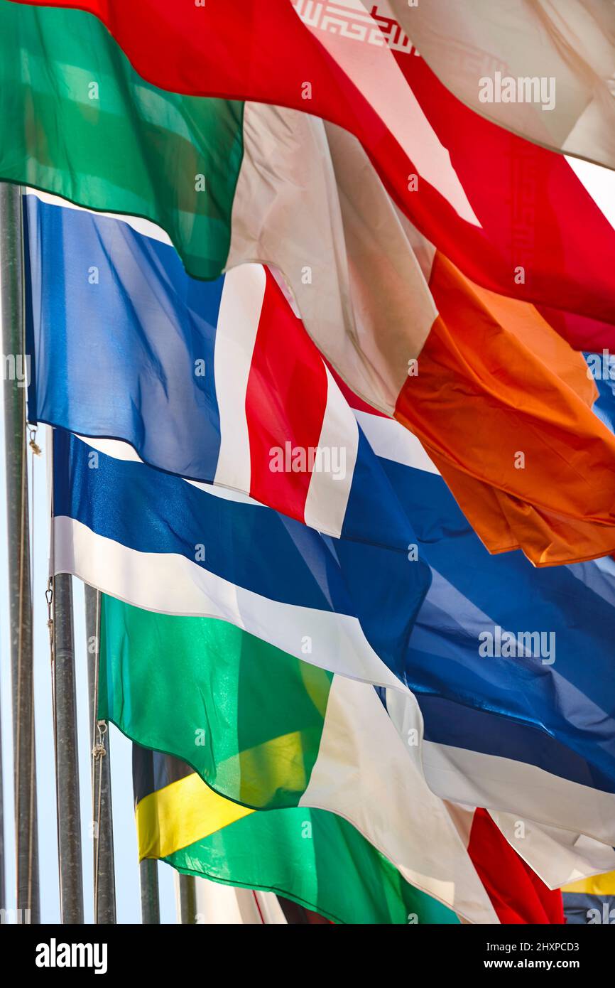 Flags of the word waving in the wind. Nation emblems Stock Photo - Alamy