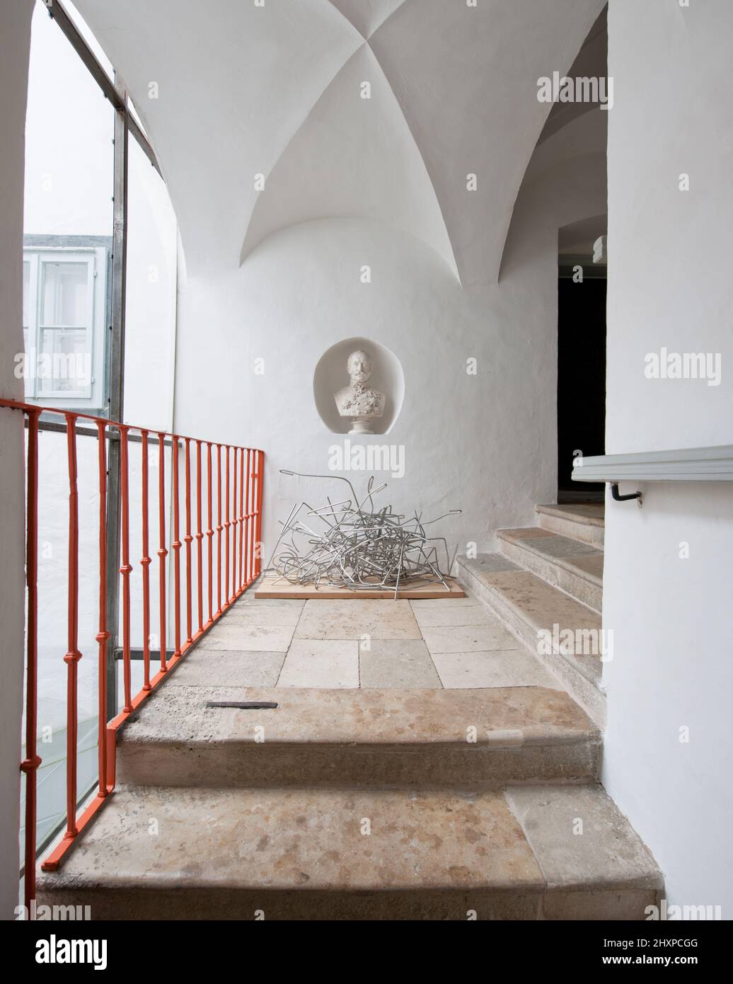 detail of castle Aichberg with bust in wall under vault over Kehlheim ...