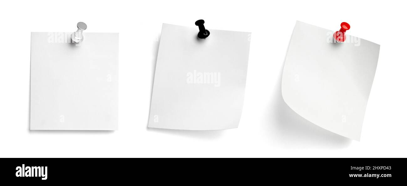 collection of various note paper with a push pin on white background ...