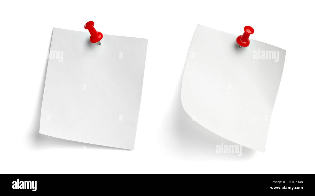 collection of various note paper with a push pin on white background ...
