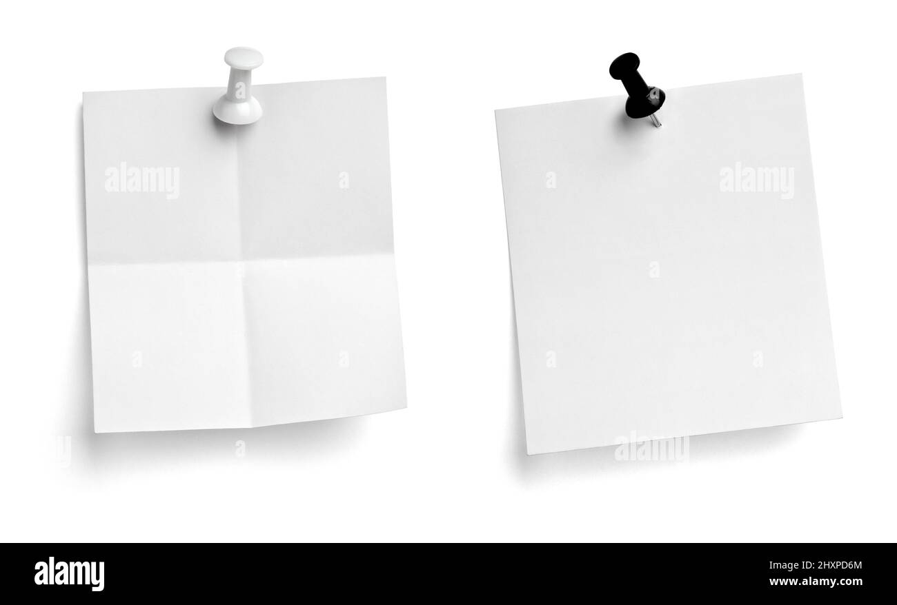 collection of various note paper with a push pin on white background ...