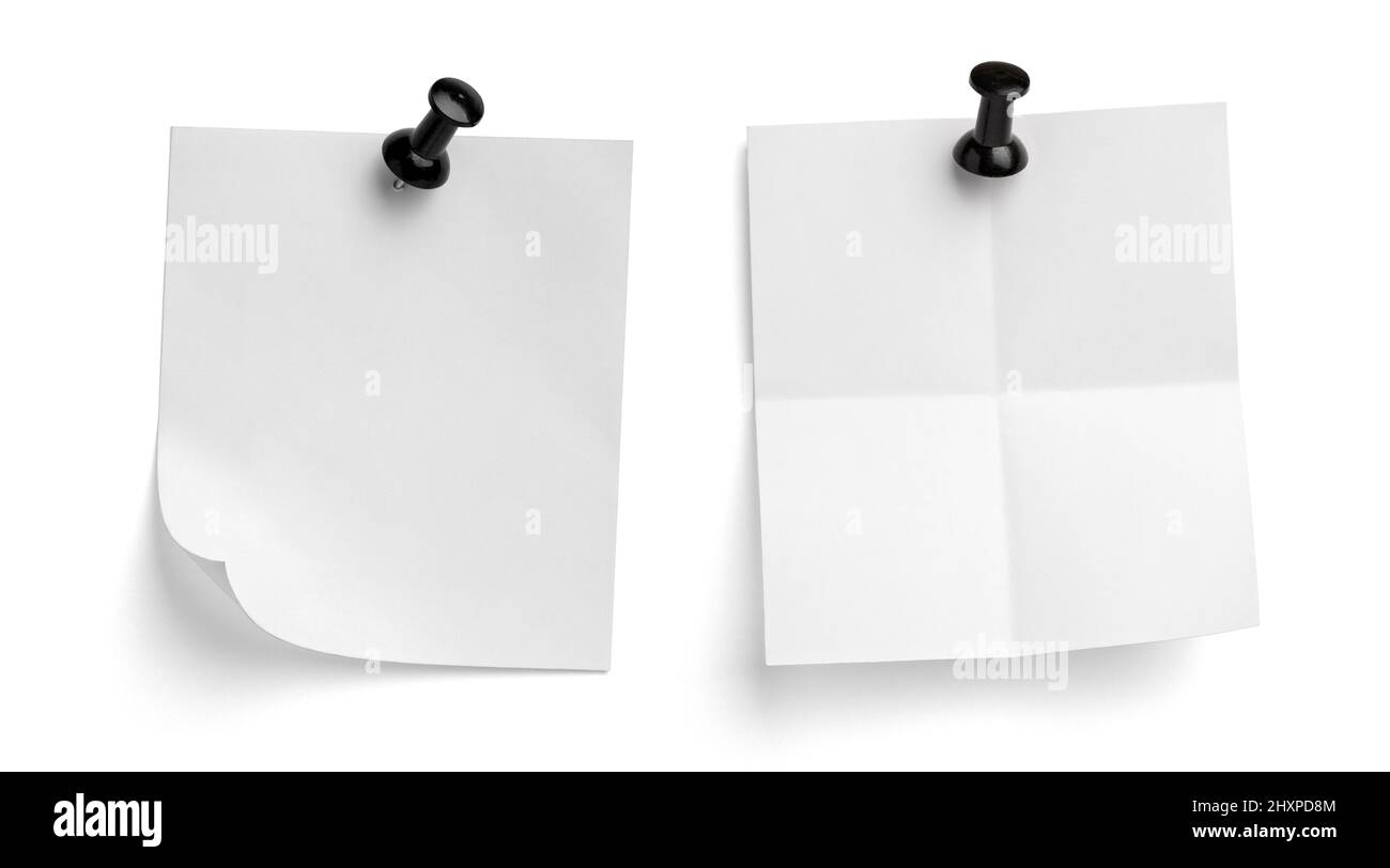 collection of various note paper with a push pin on white background ...