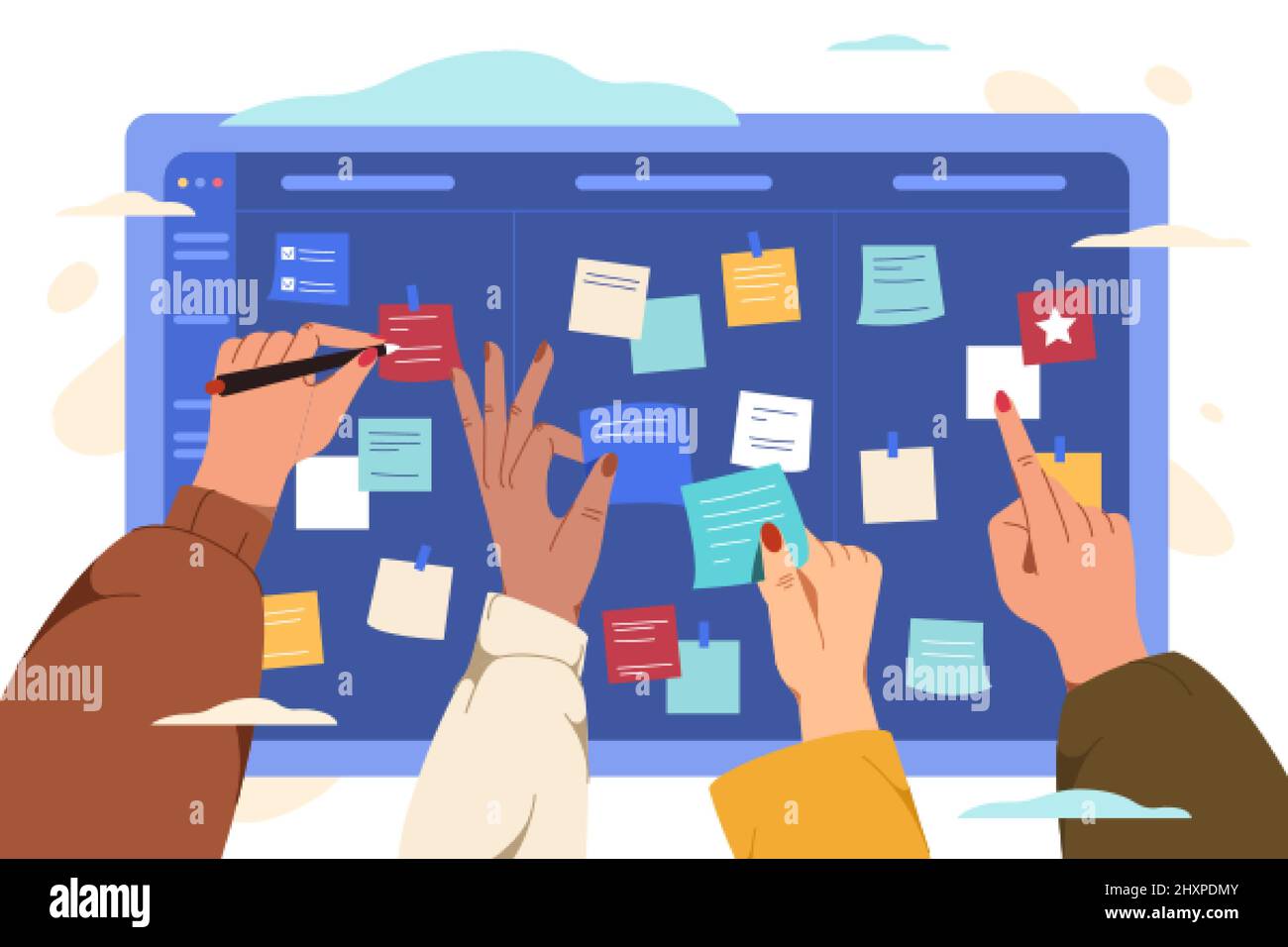 Flat scrum task board with hands of team members and color paper ...