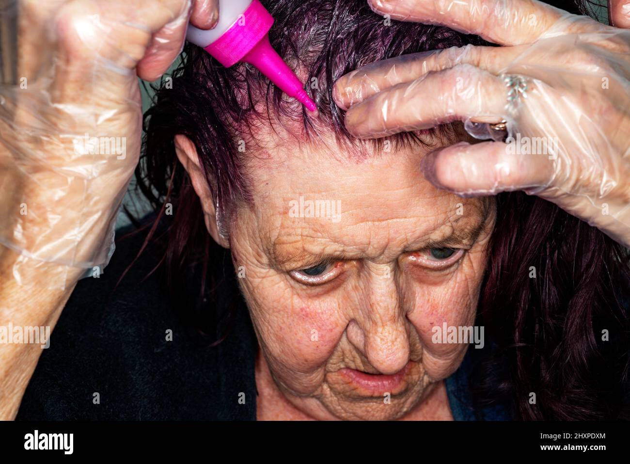 Elderly woman applying hair colour Stock Photo - Alamy
