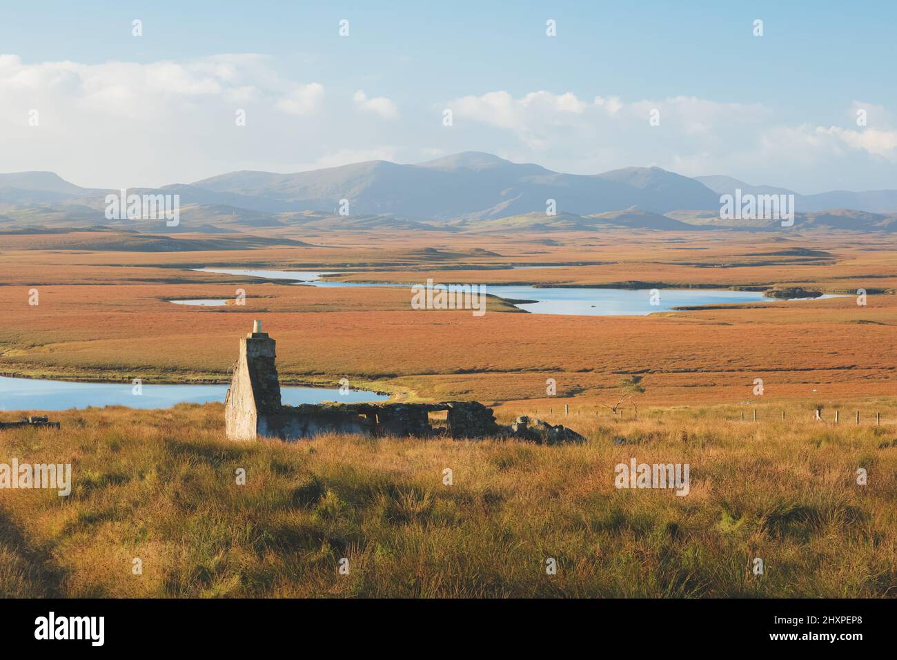 Old stone ruins of an abandoned bothy in the moorland mountain ...
