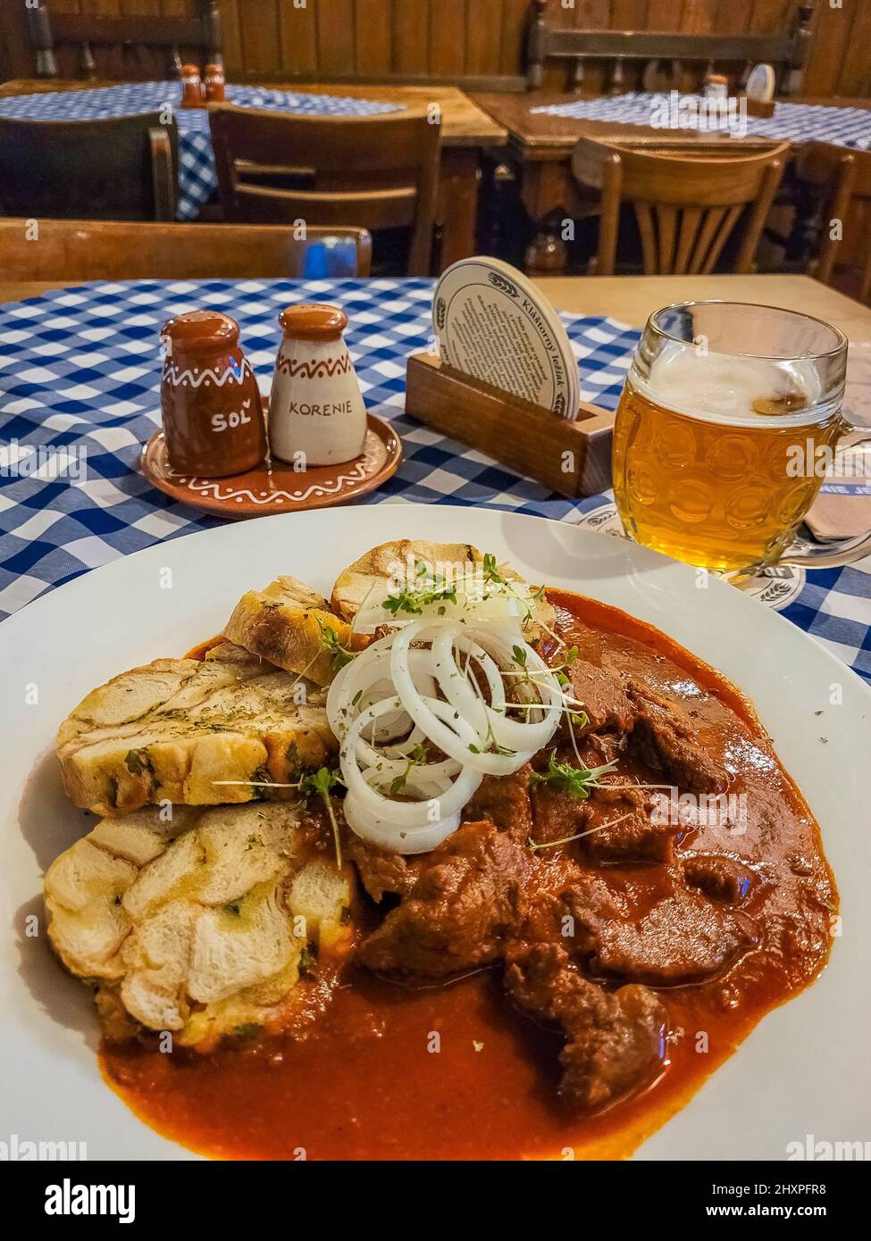 Traditional Slovak Goulash soup with beer, lunch in Bratislava ...