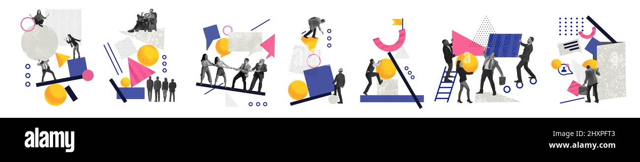Creative design. Collage. Employees, business people working together ...