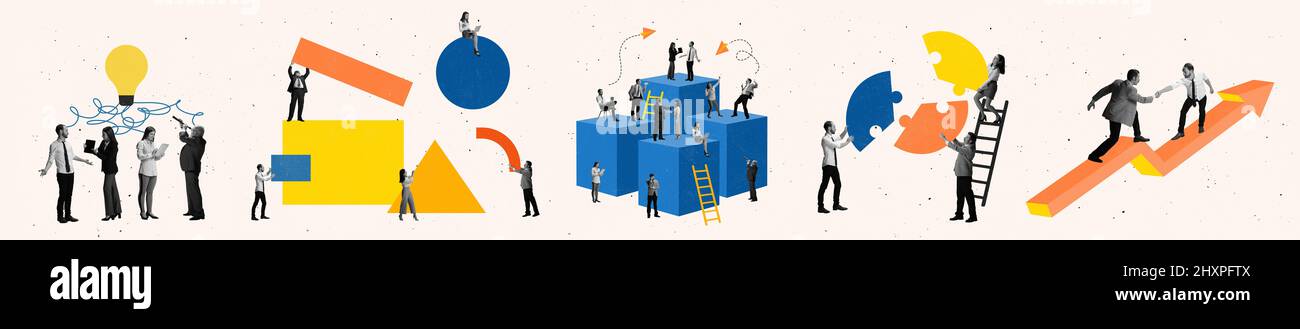 Collage. Creative design. Office workers, well-coordinated team working together on developing ...