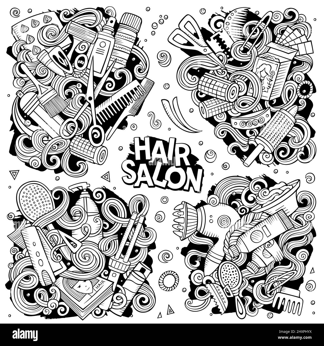 Hair Salon cartoon vector doodle designs set. Sketchy detailed ...